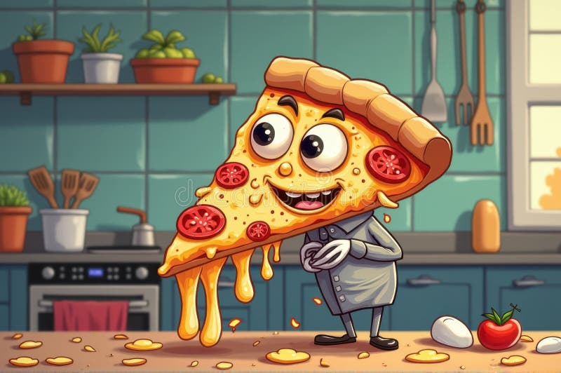 Animated Cheese Pizza Slice Character Cooking in Kitchen Setting Stock ...