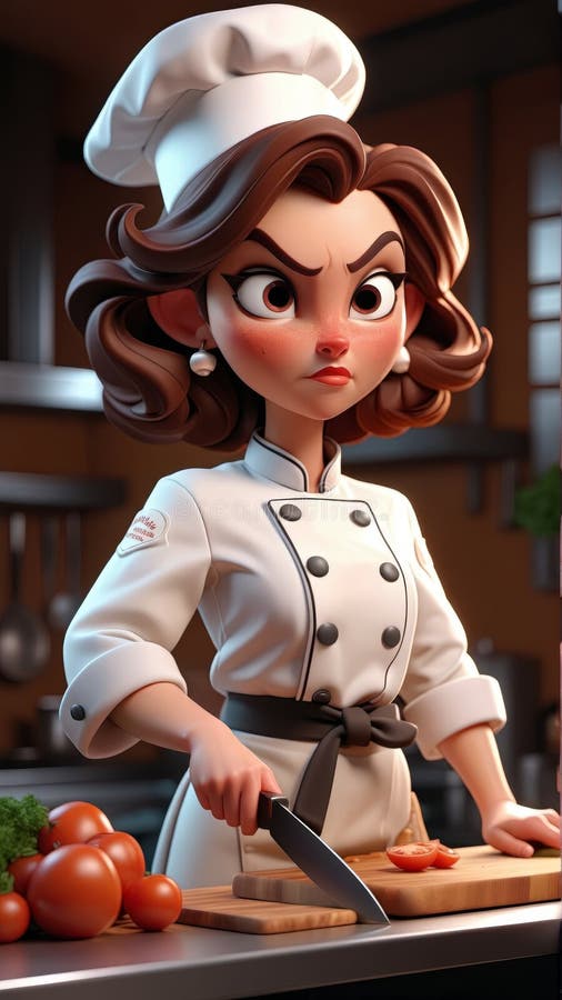 Animated Chef Character Cooking in Professional Kitchen Setting Stock Image - Image of tomatoes ...