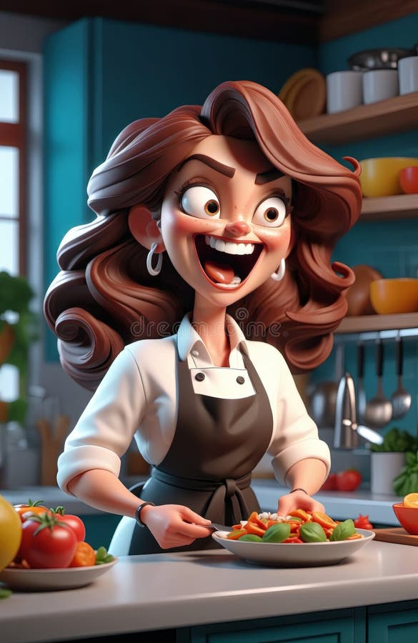 Animated Chef Joyfully Prepares Fresh Vegetables in Bright Kitchen ...