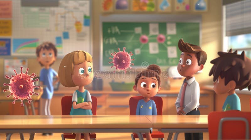 Animated Children in Classroom with Virus Stock Image - Image of ...