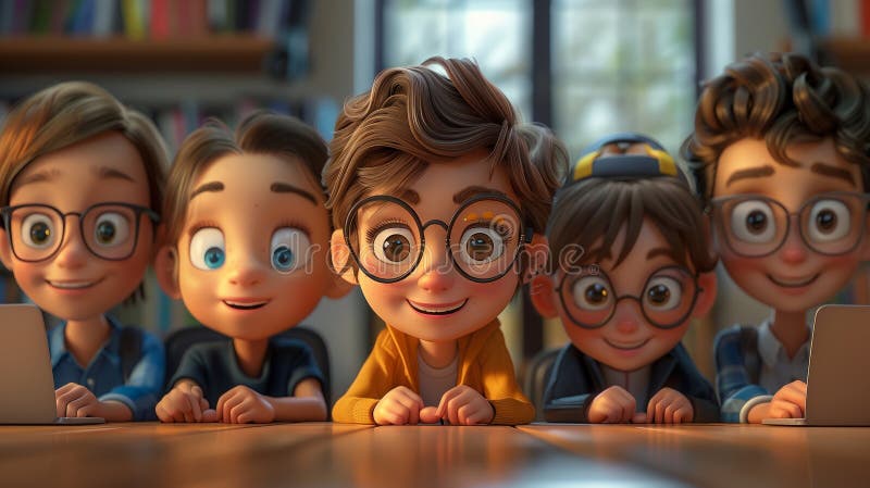 Animated Children Using Laptops in Classroom Setting Stock Illustration ...