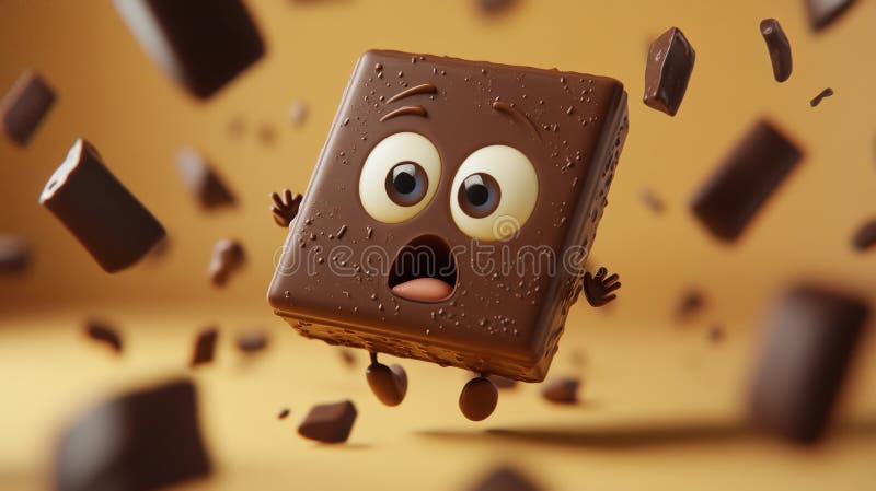 Animated Chocolate Block with Surprised Face Surrounded by Falling ...