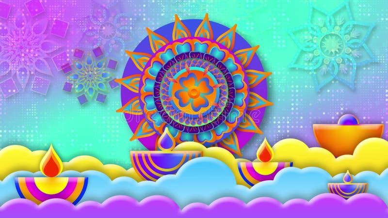 Animated Circle Pattern, Beautiful Moving Clouds and Oil Lamp on Blue ...