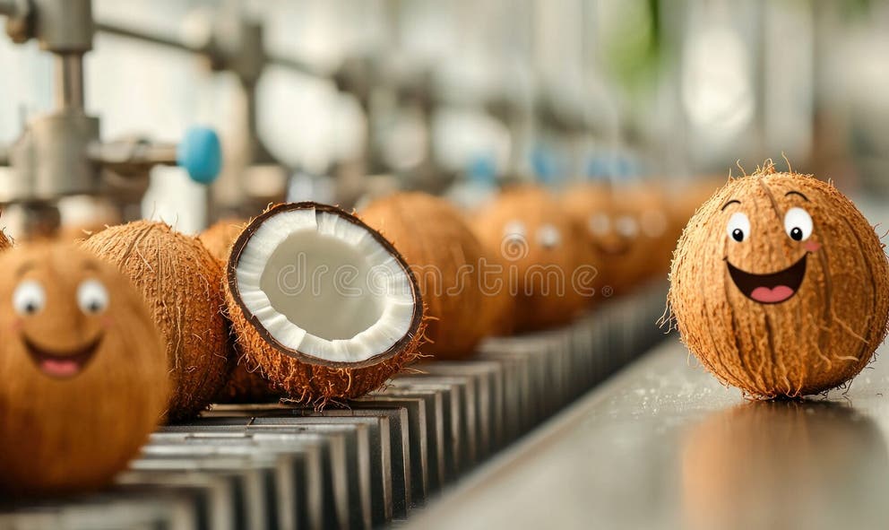 Animated Coconuts with Smiling Faces Line Up on an Assembly Line, Ready ...
