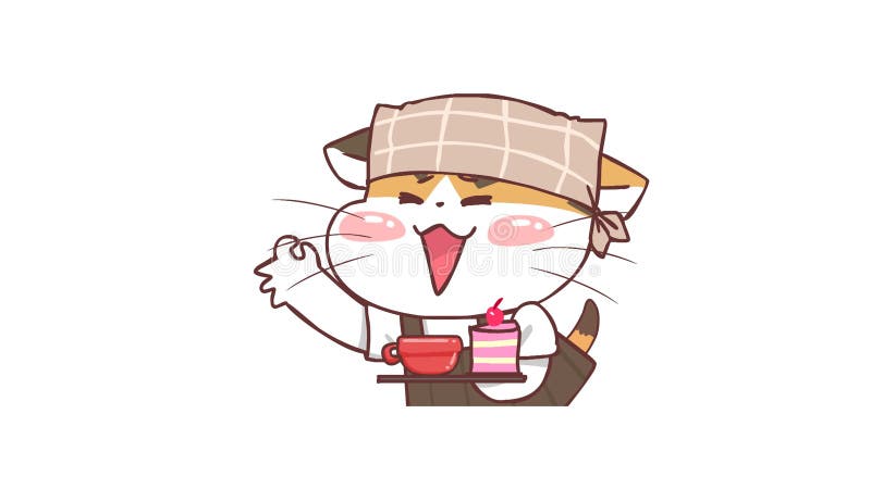 Animated Coffee Shop Cat Serving Cake and Coffee - White Background ...