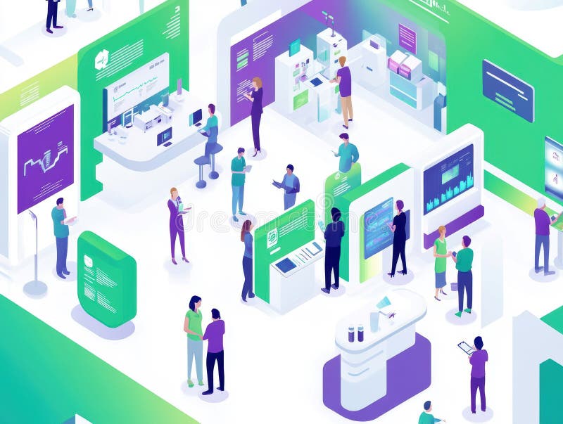 Animated Conference or Exhibition Hall Scene, with People Conversing ...