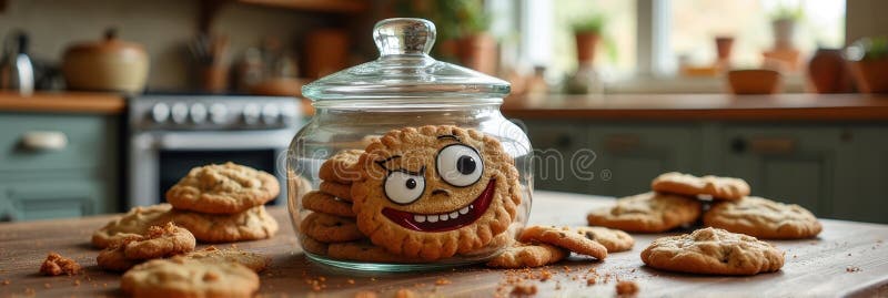 Animated Cookie with Happy Face in Kitchen Jar Surrounded by Freshly ...