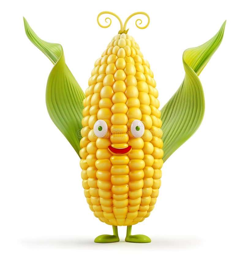 Animated Corn Character with a Cheerful Expression, with Green Leaves ...
