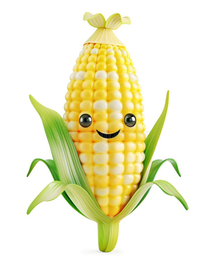Animated Corn Cob with a Friendly Face and Green Leaves Stock ...