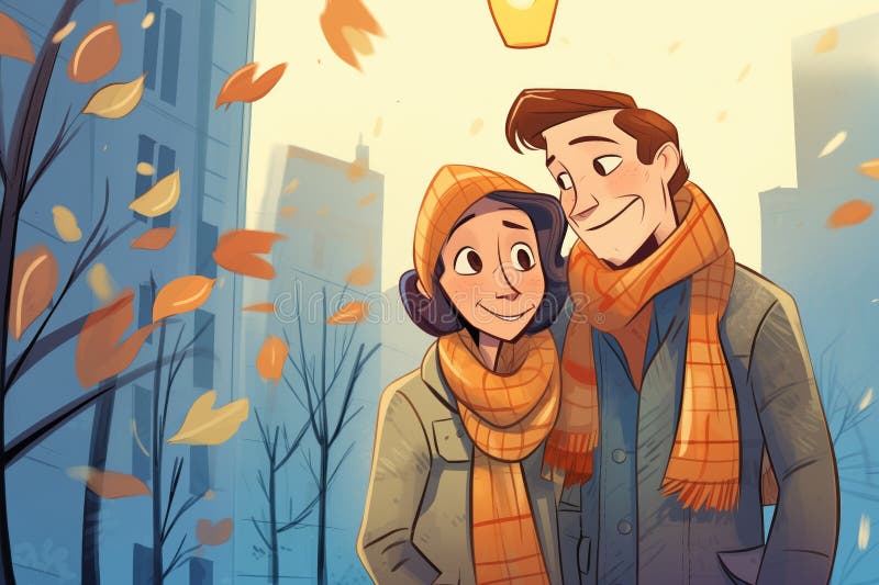 Animated Couple in a Scarf, Warming by a Streetlight Stock Illustration ...