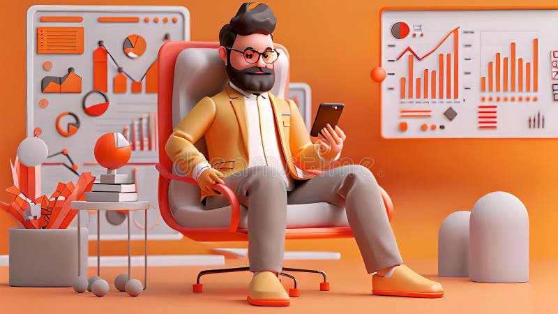 Animated 3D Man in an Office Setting, Checking Charts and Graphs on His ...