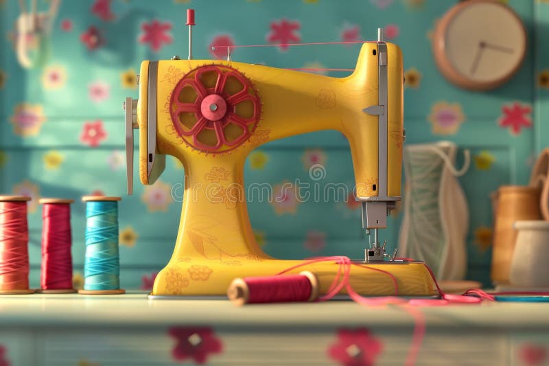 An Animated 3D Scene of a Cute Antique Sewing Machine with Spools of ...