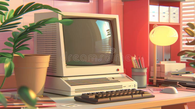 An Animated 3D Scene of a 1980s Office with a Personal Computer Floppy ...