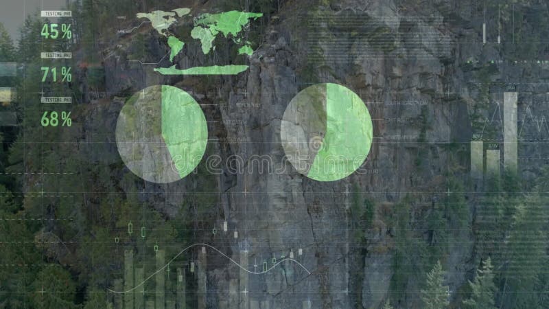 Animated Data Visualization Over Rocky Cliff Landscape with Analytics ...