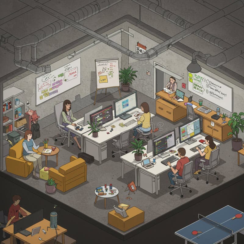 An Animated Depiction of a Modern Office with a Tech Start-up Vibe. the ...