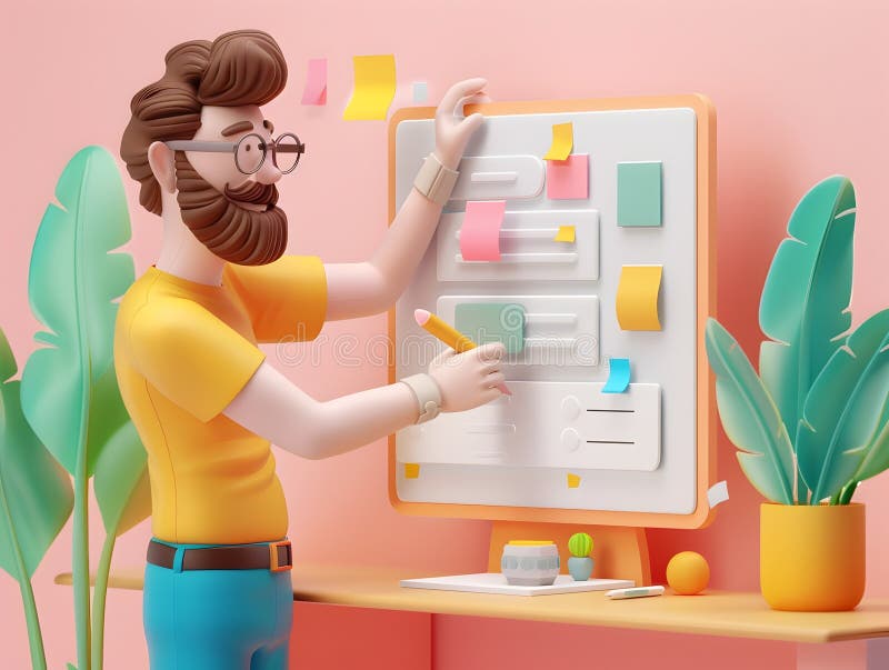 Animated Employee Using Digital Whiteboard in Office Workspace Stock ...