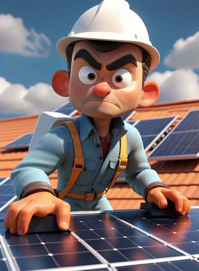Animated Engineer Fixing Solar Panels on Rooftop Under Clear Sky Stock ...