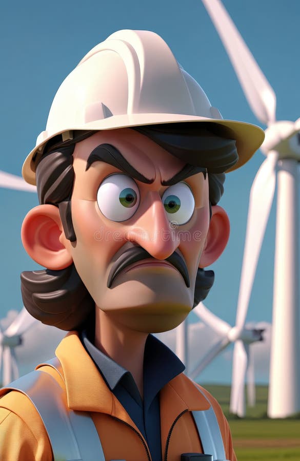 Animated Engineer with Hard Hat in Front of Wind Turbines in a ...