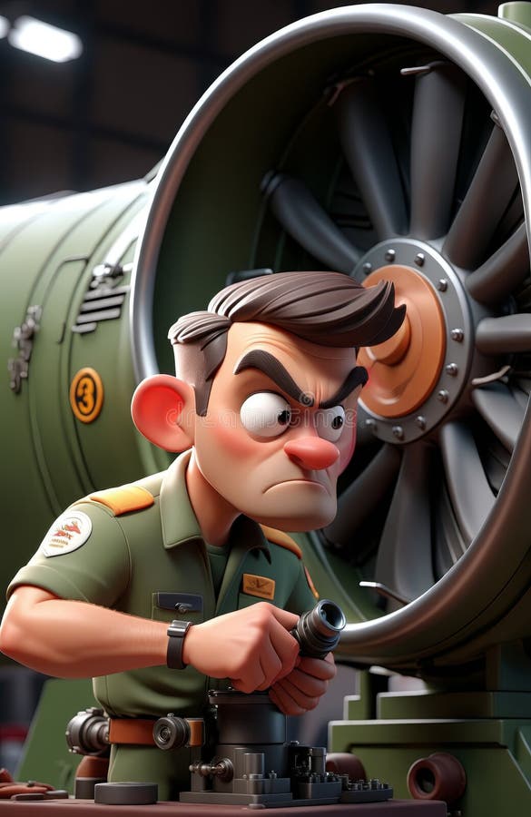Animated Engineer Working on Jet Engine in Workshop Setting Stock Photo ...