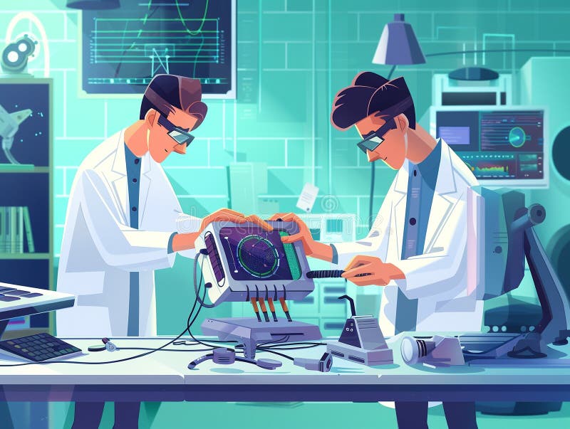 Animated Engineers Assembling a High-tech Gadget Stock Illustration ...