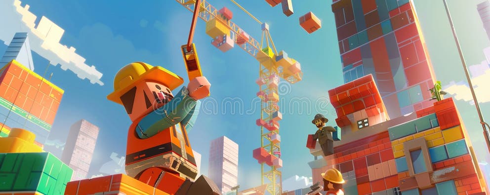 Animated Engineers Building a Towering Structure with Blocks Stock ...