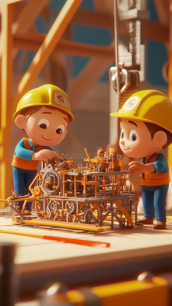 Animated Engineers Constructing a Detailed Toy Model Stock Illustration ...