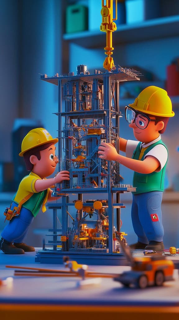 Animated Engineers Constructing a Detailed Toy Model Stock Illustration ...