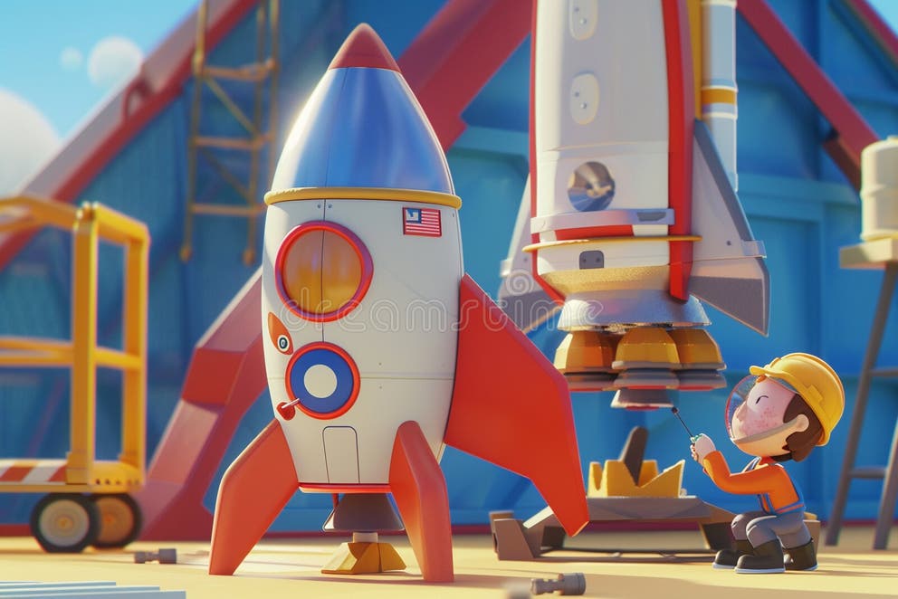 Animated Engineers Constructing a Toy Rocket Ship Stock Illustration ...