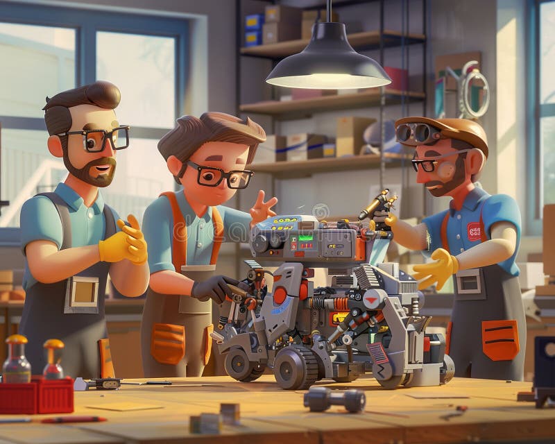 Animated Engineers Designing a Toy Robot in a Workshop Stock ...