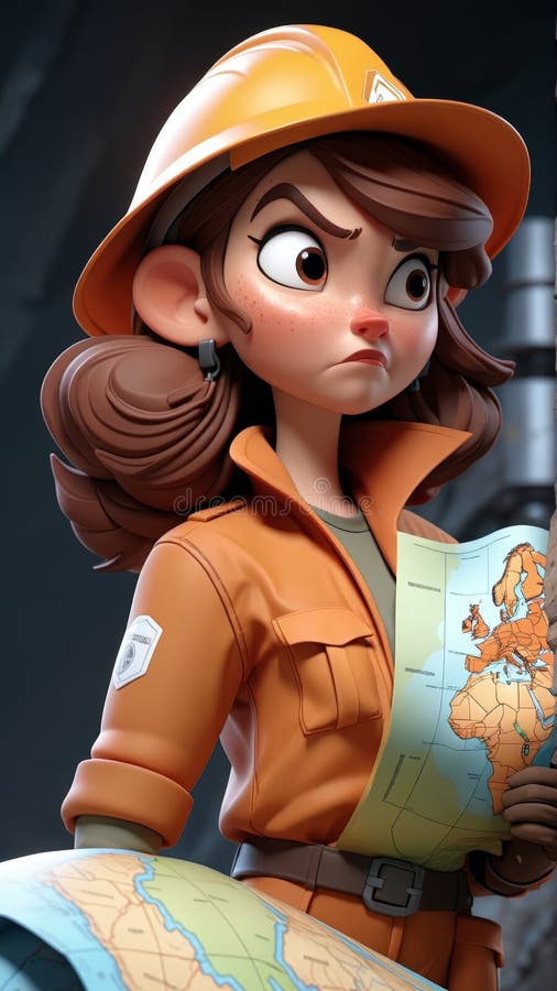 Animated Explorer with Hard Hat Navigating Map in Adventure-themed ...