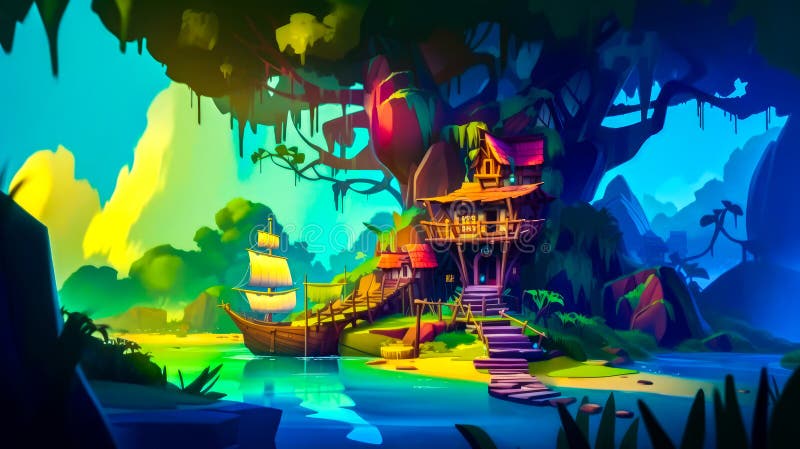 An Animated Fantasy Scene with Boat and Trees. Generative AI Stock ...