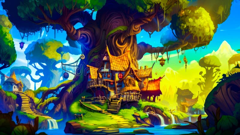 An Animated Fantasy Scene with House and Trees. Generative AI Stock ...