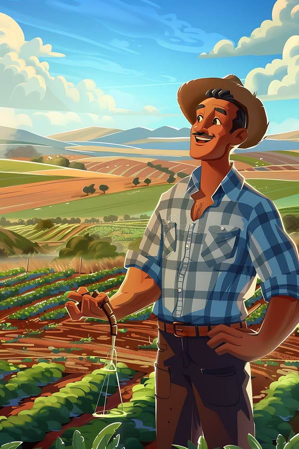 Animated Farmer Checking Irrigation Systems in a Vast Agricultural ...