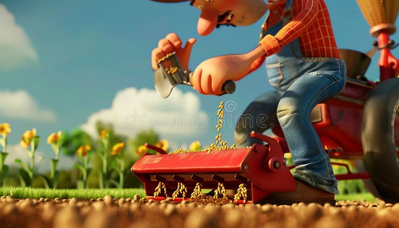 Animated Farmer Filling a Seed Drill with Seeds, Close-up Stock ...