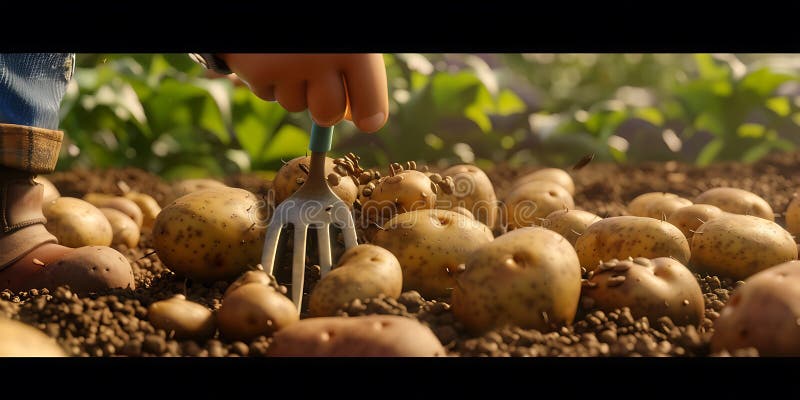 Animated Farmer Harvesting Potatoes with a Hand Fork, Close-up Stock ...
