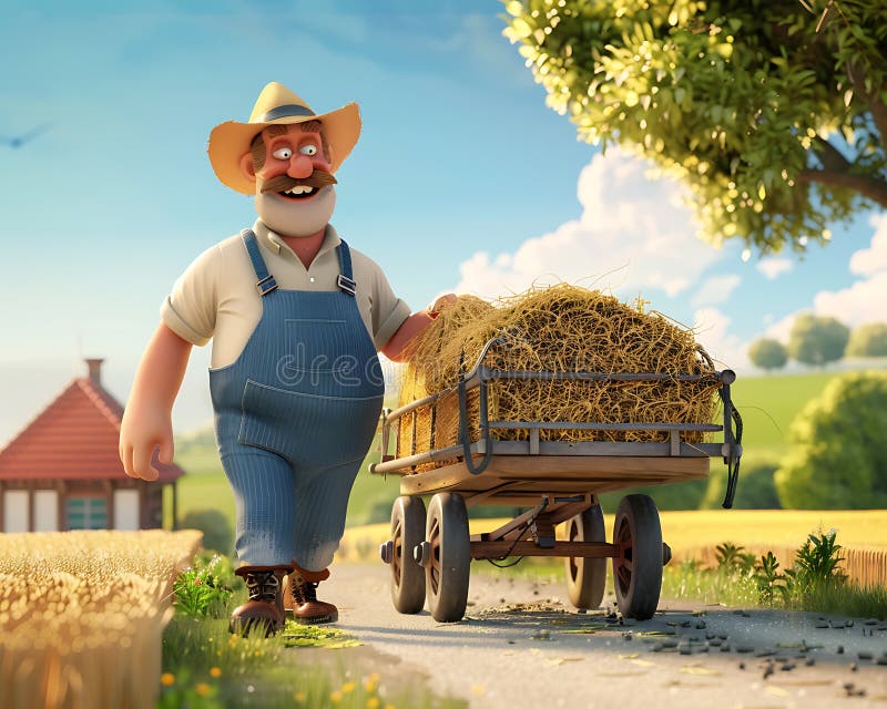 Animated Farmer with a Hay Wagon on a Sunny Country Road Stock ...
