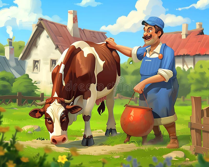 Animated Farmer Milking Cows in a Traditional Farm Setting Stock ...
