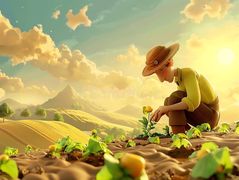 Animated Farmer Planting Seedlings with a Sunny Sky and Rolling Hills ...