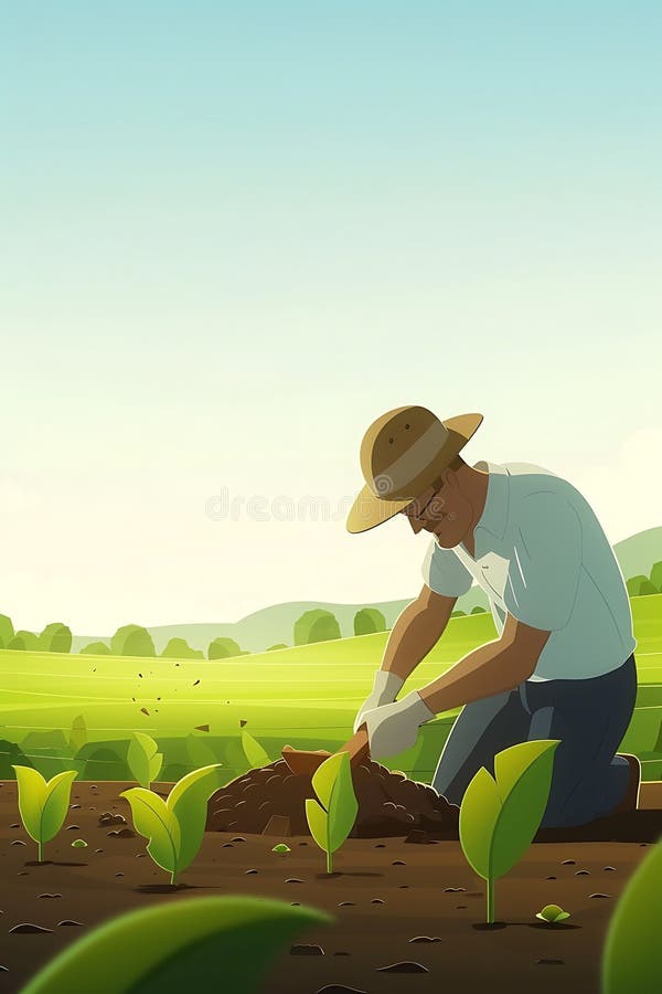 Animated Farmer Preparing the Soil in a Lush Green Field Under a Clear ...