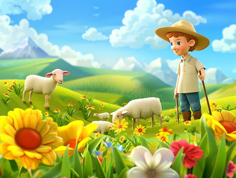 Animated Farmer and Sheep Grazing in a Vibrant Pasture Stock ...