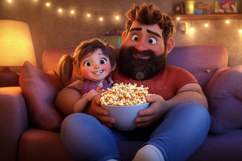 Animated Father and Daughter on Sofa with Popcorn, Cozy Evening Scene ...