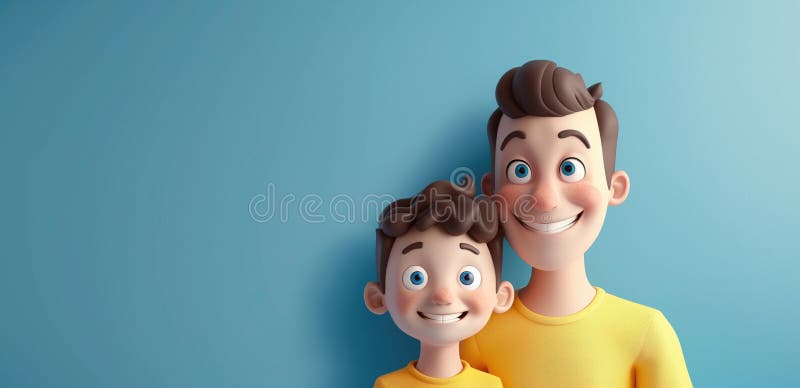 Animated Father and Son in Yellow Shirts Posing Against a Light Blue ...