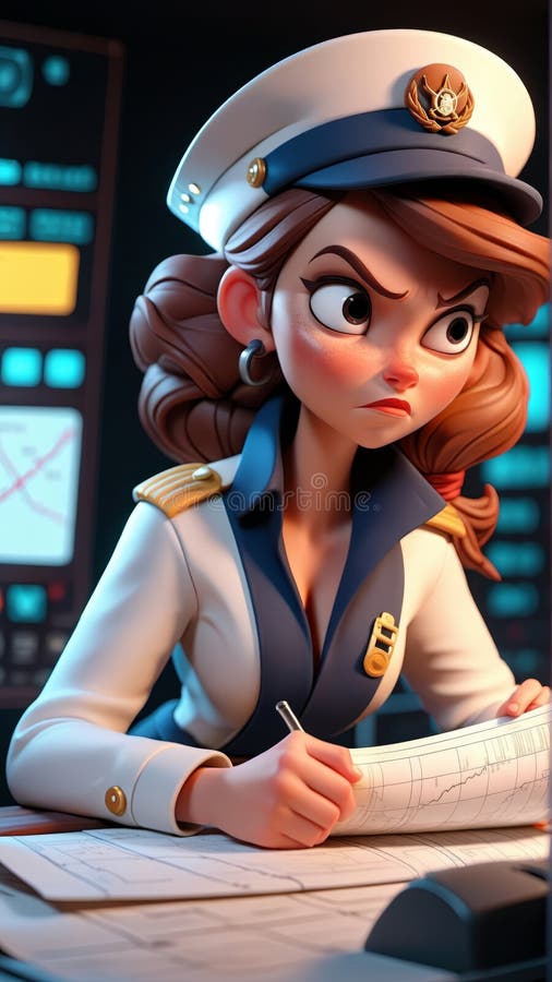 Animated Female Captain Analyzing Navigation Charts in Control Room ...