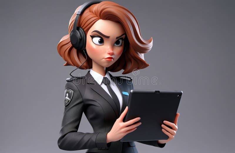 Animated Female Security Officer with Headphones Viewing Tablet Stock ...