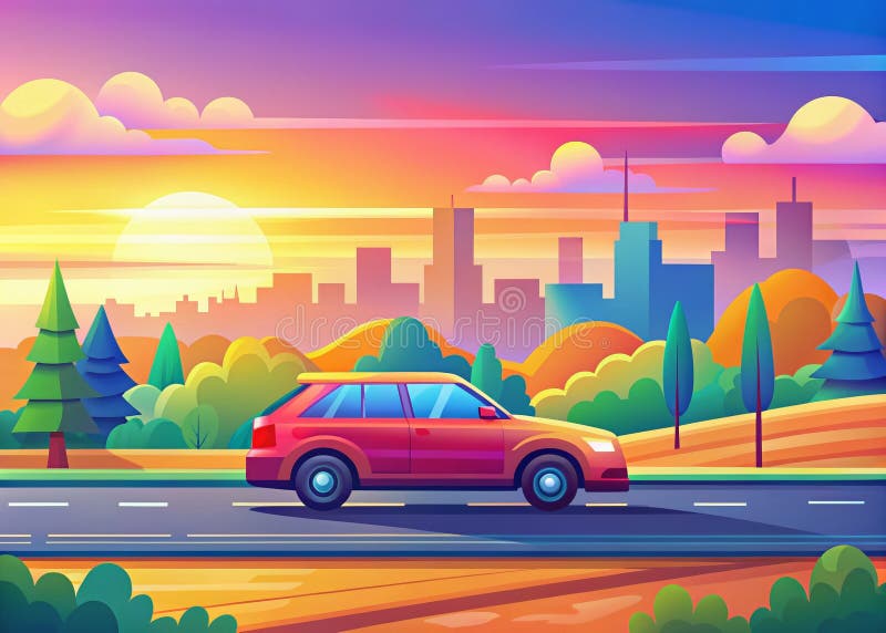 Animated Flat Design Car Illustration Panoramic View of a Colorful ...