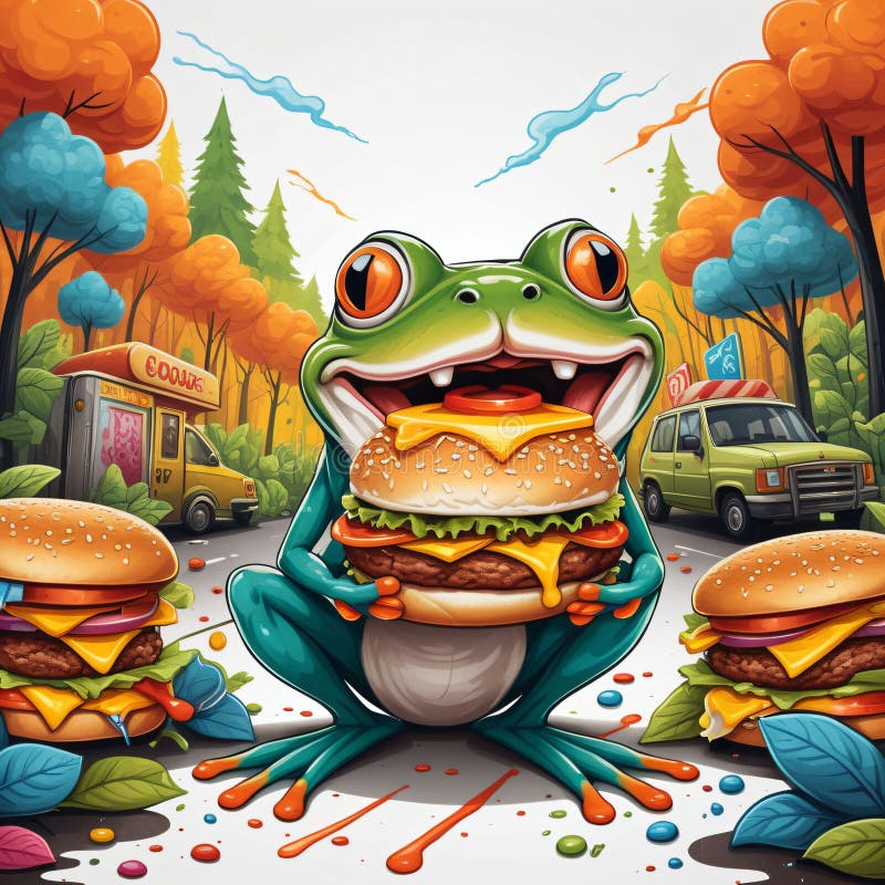 Playful Frog Eats Burger, Tongue Out Stock Illustration - Illustration ...