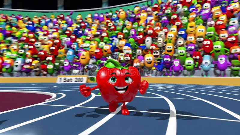 Animated Fruit Characters Competing in Vibrant Stadium Sprint Race ...