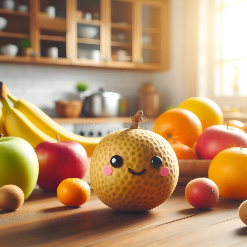 An Animated Fruit with a Joyful Expression, Set in a Cozy Kitchen Scene ...