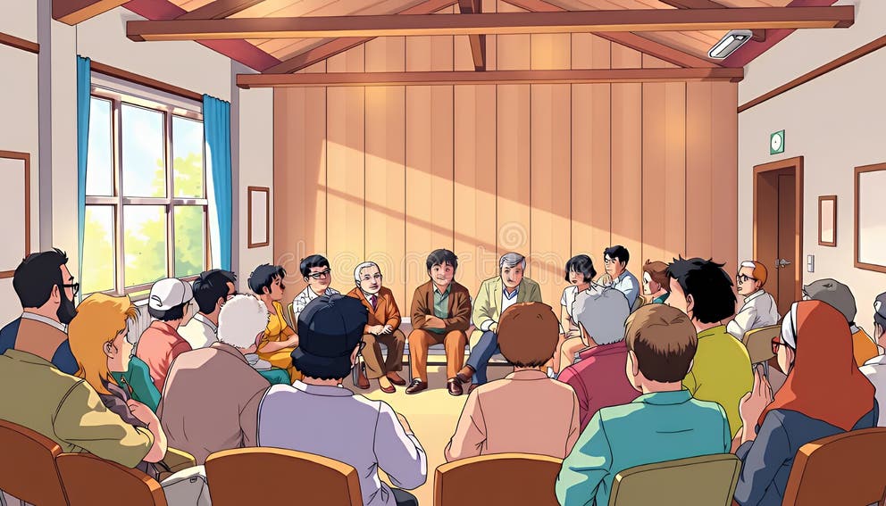 Animated Gathering of Diverse Community Members in Bright Room Anime ...