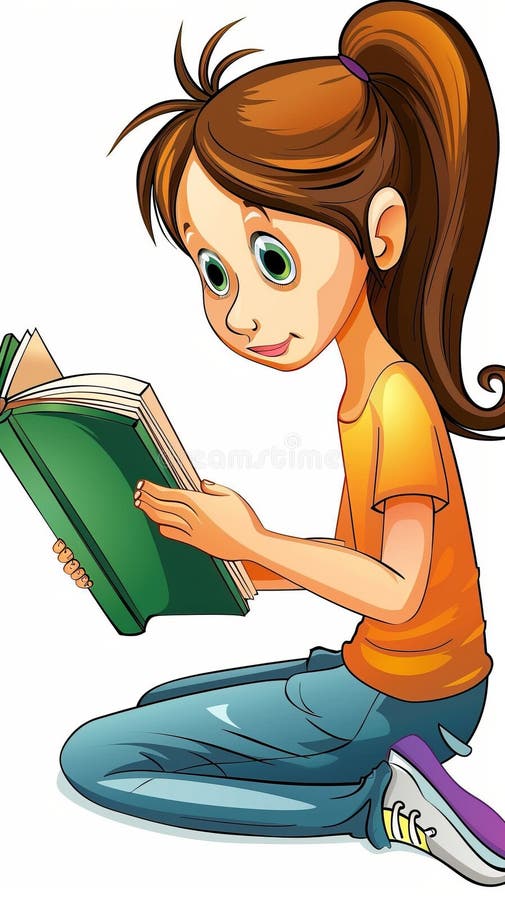 Animated Girl Reading a Book with Wonder and Curiosity Stock ...